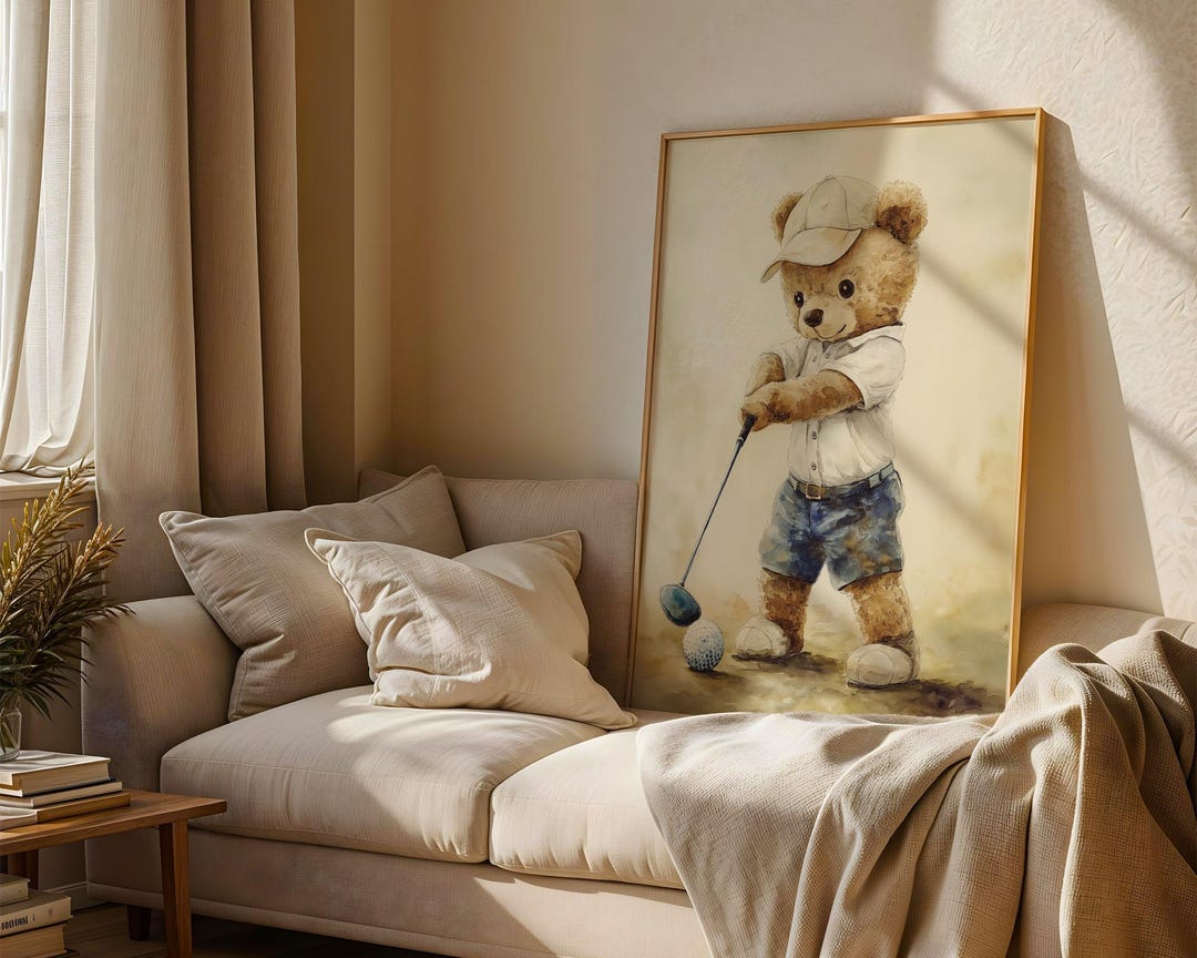 Teddy Bear Playing Golf Art Print Nursery Teddy Bear Art Kids Room Golf ...