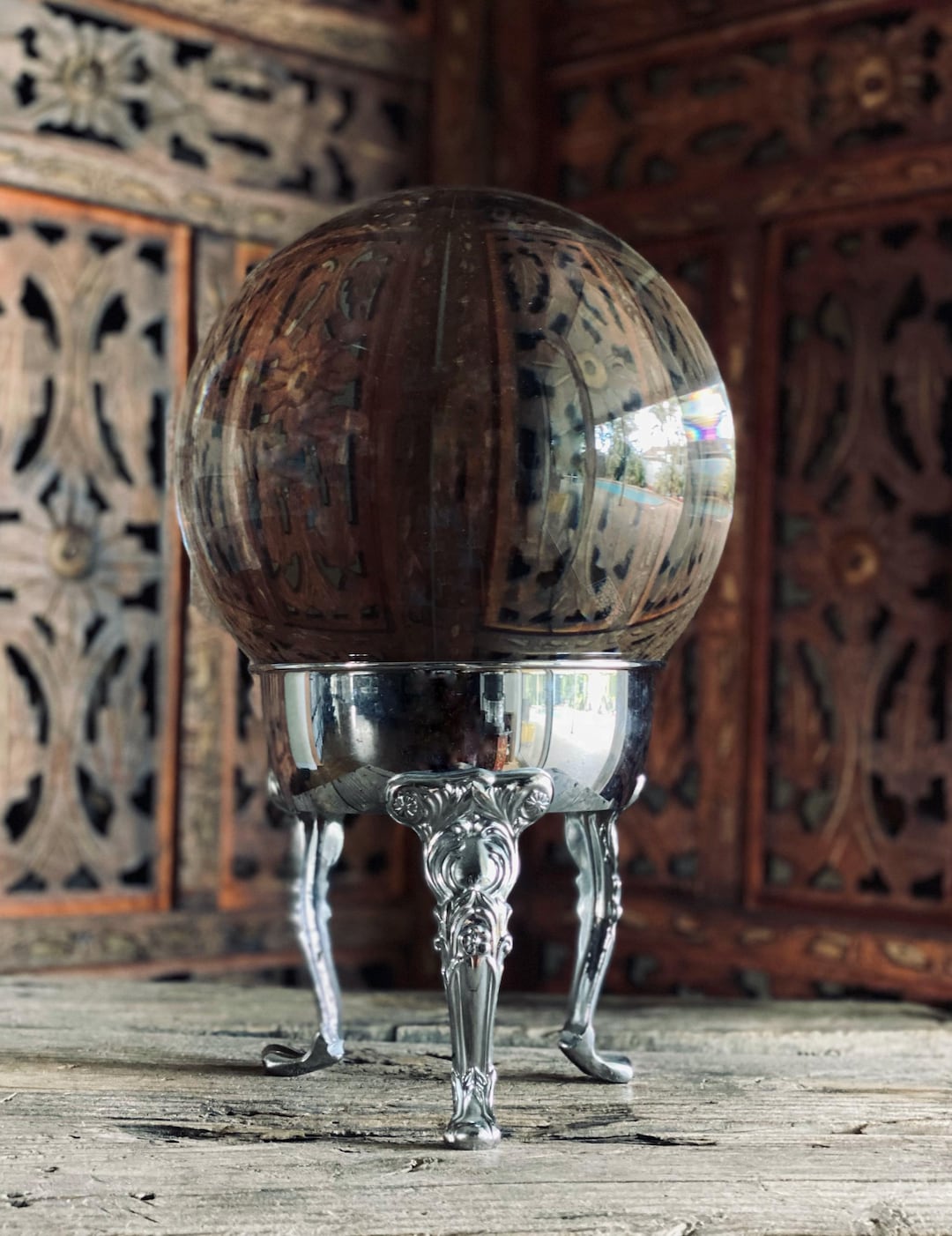 Vintage Crystal Ball Stand • Silver Footed Display Base • Ornate Sphere ...