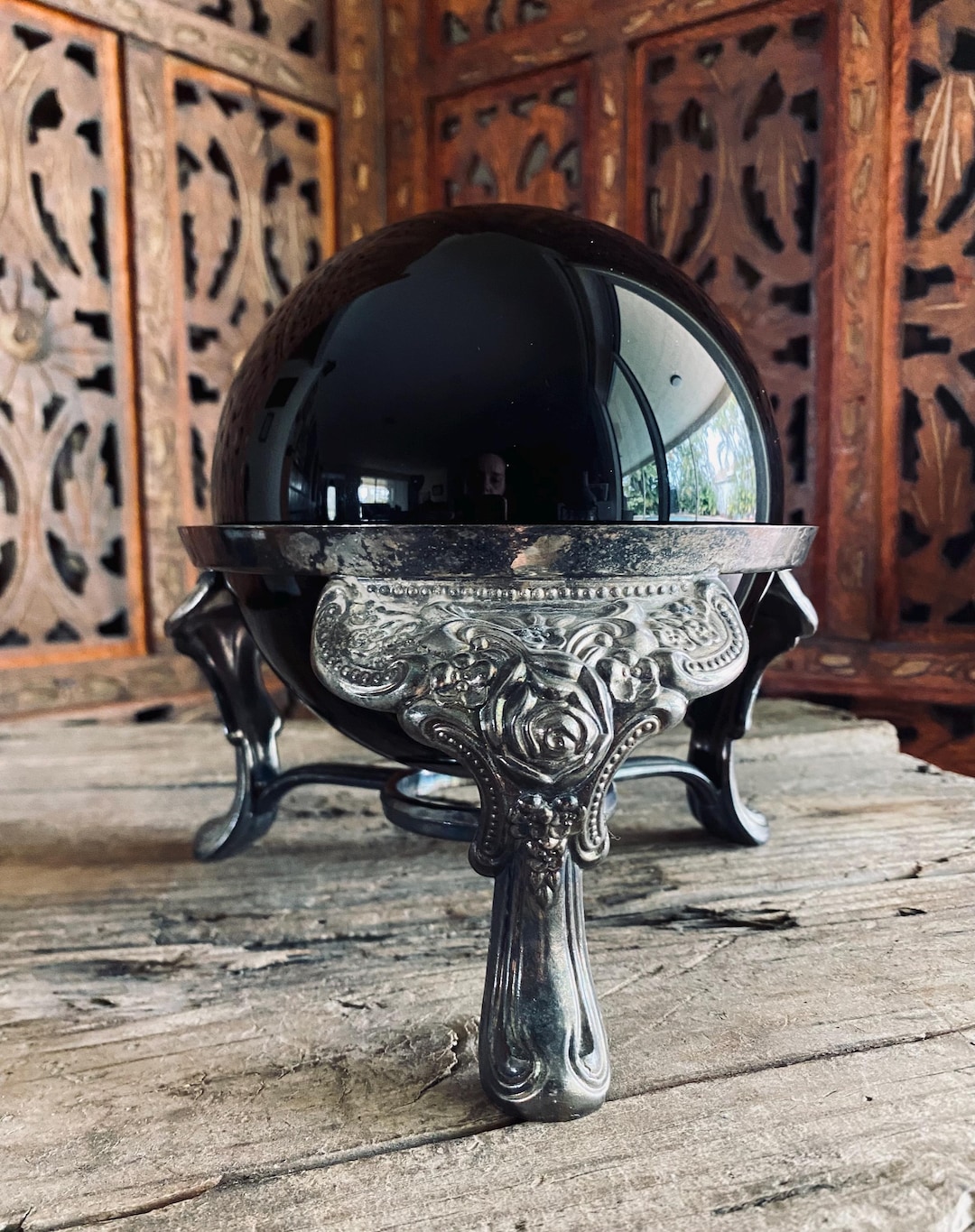 Vintage Crystal Ball Stand • Silver Floral Footed Display Base • Ornate ...