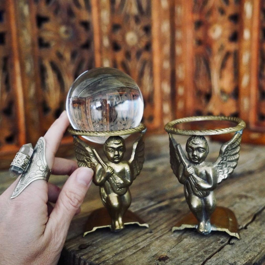 Vintage Crystal Ball Stand • Brass Cherub Angel Display Base • Ornate ...