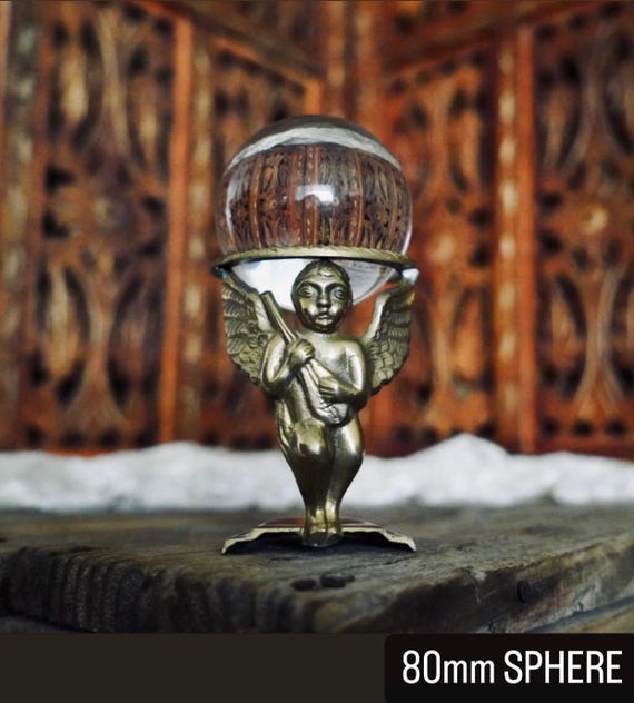 Cherub On Pedestal Crystal Ball Garden Statue Of Musical Cherub With