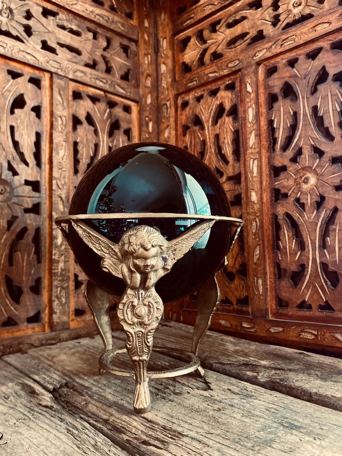 Vintage Crystal Ball Stand • Brass Cherub Angel Display Base • Ornate ...