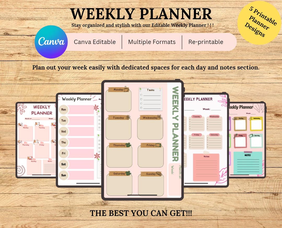 Printable Weekly Planner | Editable Canva Template | PDF, PNG, JPG ...