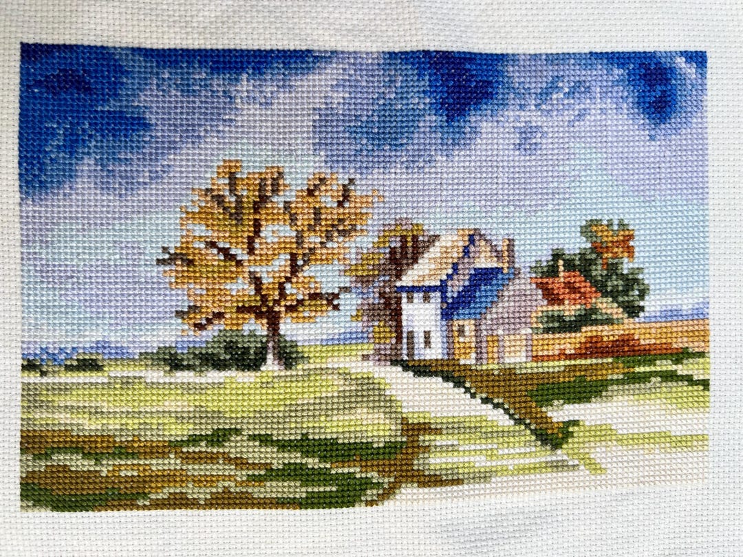 Unframed, Completed Cross-stitch Piece, Captures a Tranquil Countryside ...