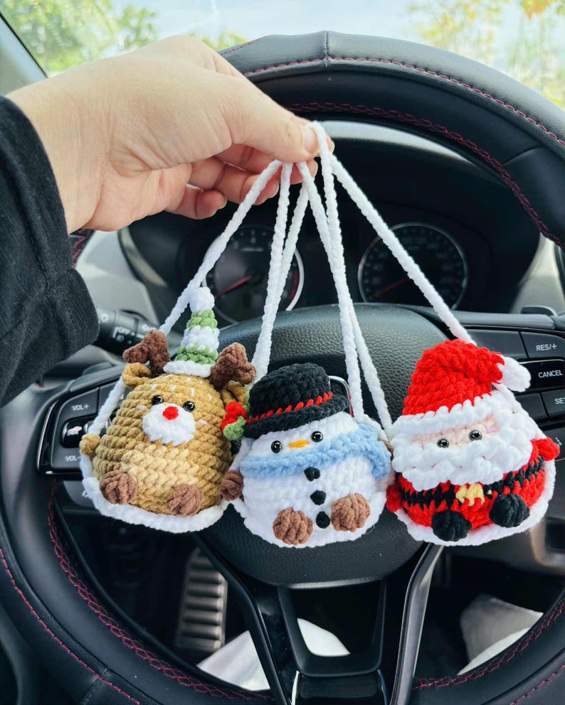Crochet Christmas Car Ornament: Handmade Santa, Snowman, Penguin, Grin ...