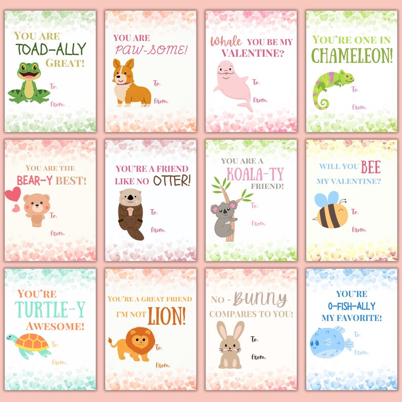 12 Printable Children's Valentine's Animal Cards Kid's Animal Puns ...