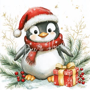 Cute Christmas Penguin in Red Clothes With a Gift 10 Jpgs Watercolor ...