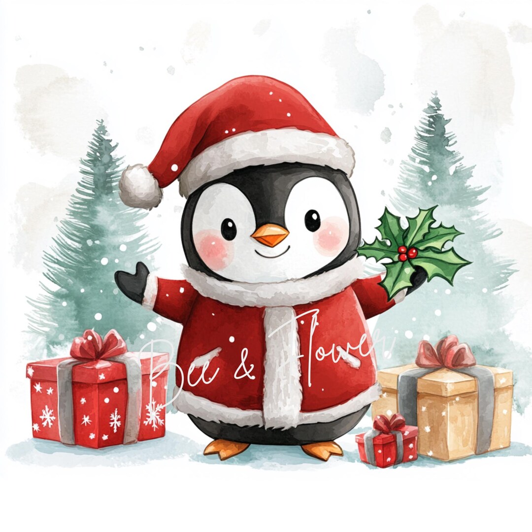 Cute Christmas Penguin in Red Clothes With a Gift 10 Jpgs Watercolor ...