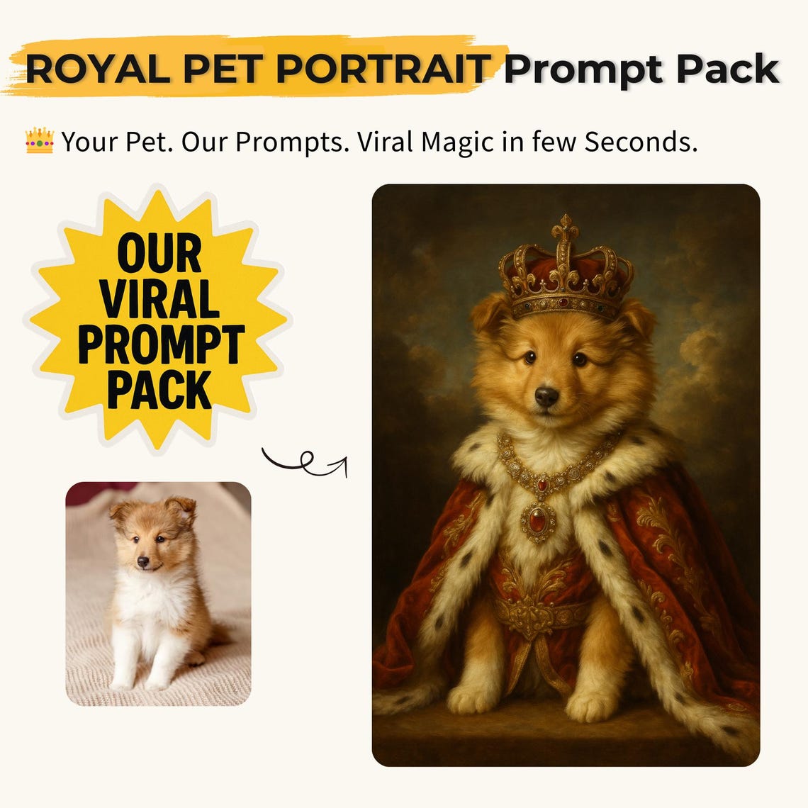 Royal Pet AI Prompt Pack – DIY Unlimited Custom Regal Military, Renaissance Pet Portrait ...
