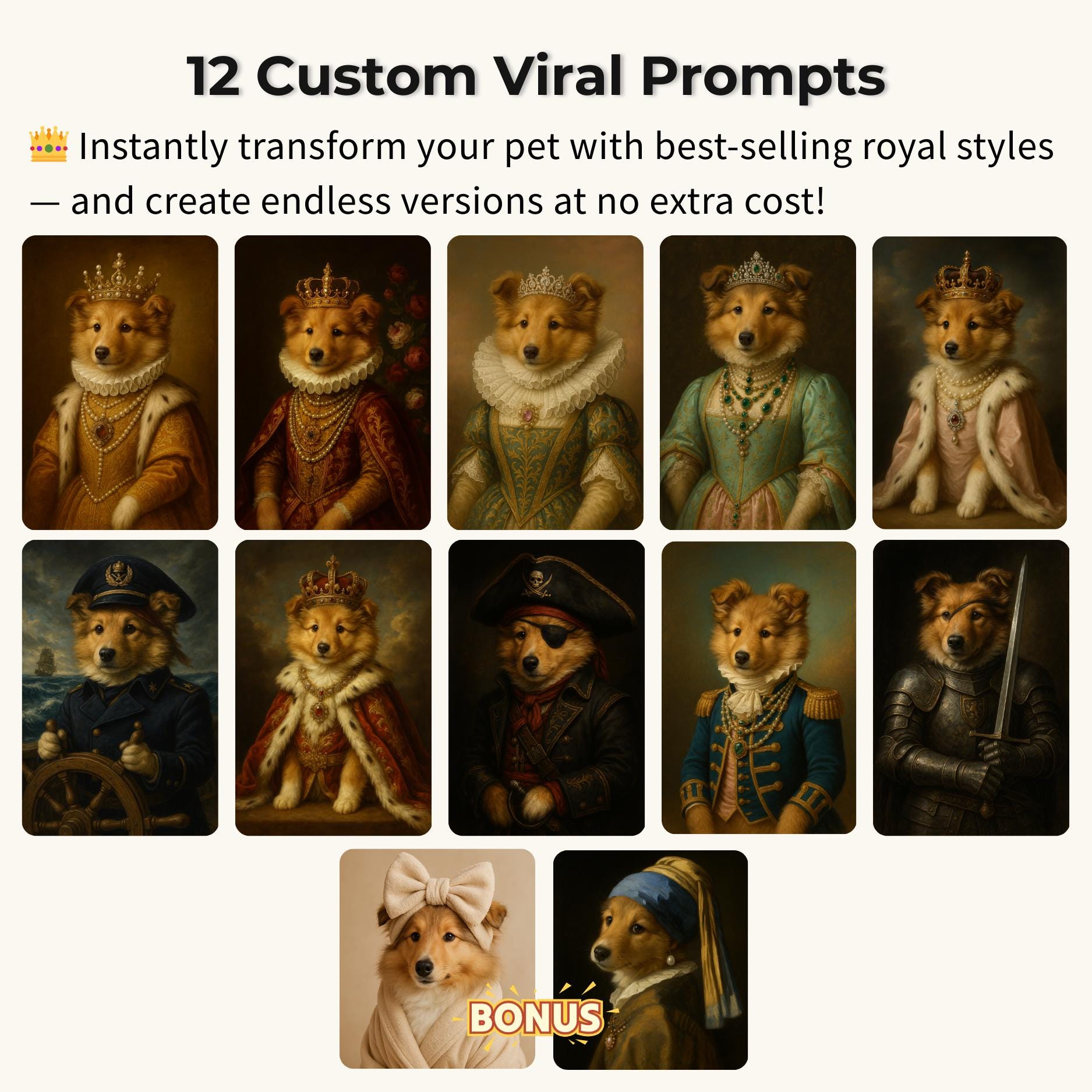 Royal Pet AI Prompt Pack – DIY Unlimited Custom Regal Military, Renaissance Pet Portrait ...