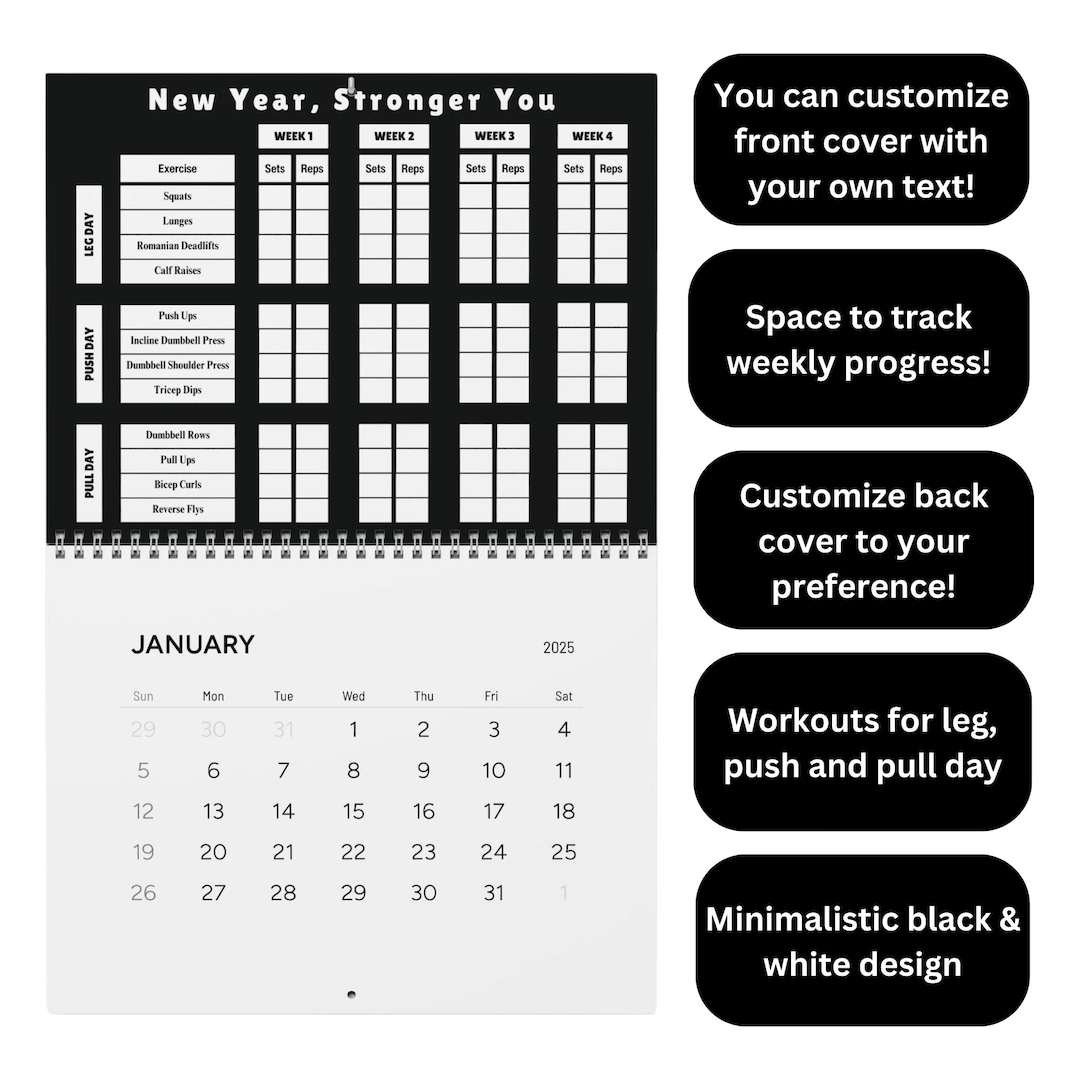 2025 Workout Wall Calendar, Fitness Planner & Exercise Tracker, Black ...