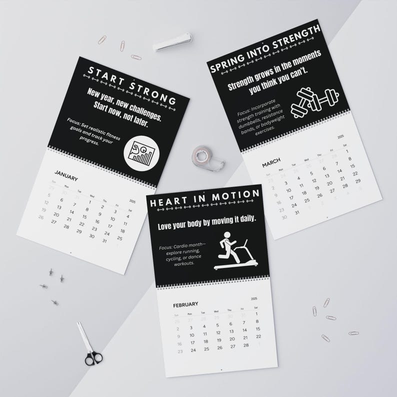 2025 Workout Wall Calendar, Motivational Quotes, Minimalist Black and ...