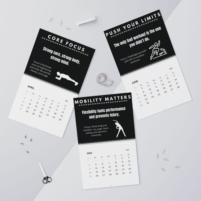 2025 Workout Wall Calendar, Motivational Quotes, Minimalist Black and ...