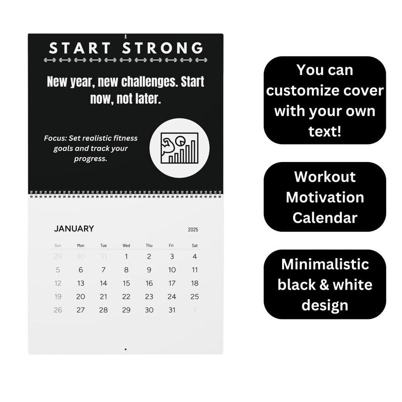 2025 Workout Wall Calendar, Motivational Quotes, Minimalist Black and ...