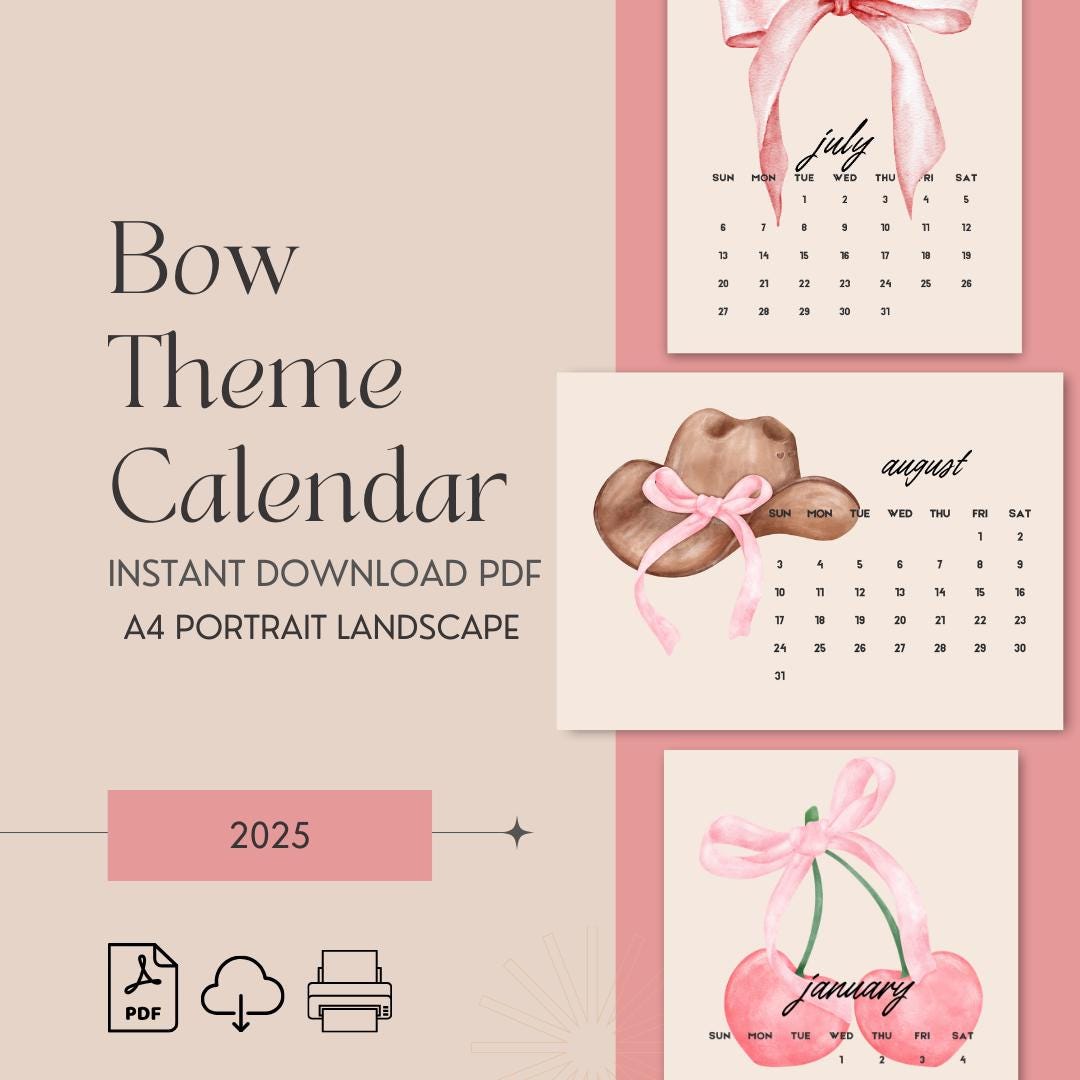 2025 Calendar 2025 Bow Themed Monthly Calendar Printable Pastel Design ...