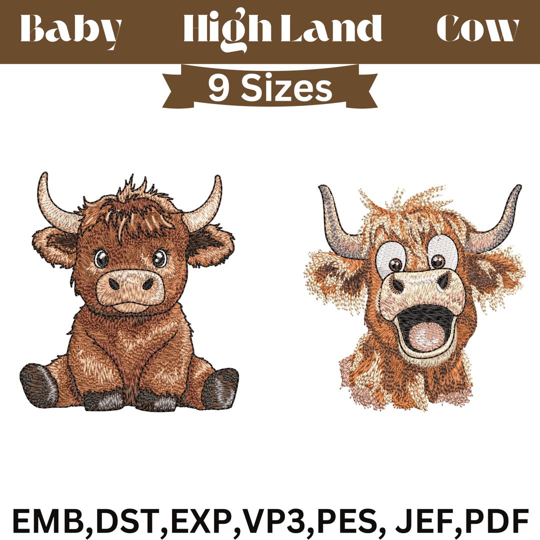 2 Baby High Land Cow Embroidery, Two Cow Embroidery Design, Farm Animal ...