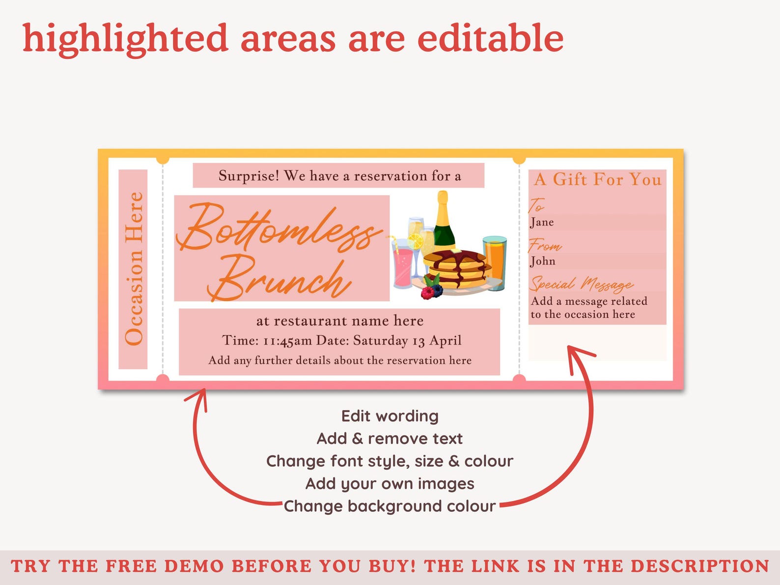 Editable Bottomless Brunch Gift Voucher Template, Printable Gift Voucher Coupon, Prosecco Brunch ...