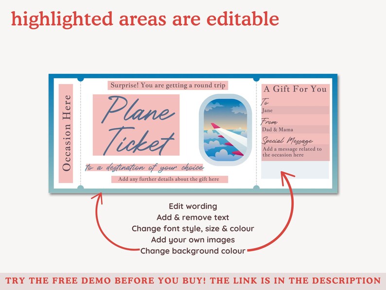 Editable Plane Ticket Gift Voucher Template, Printable Surprise Flight ...