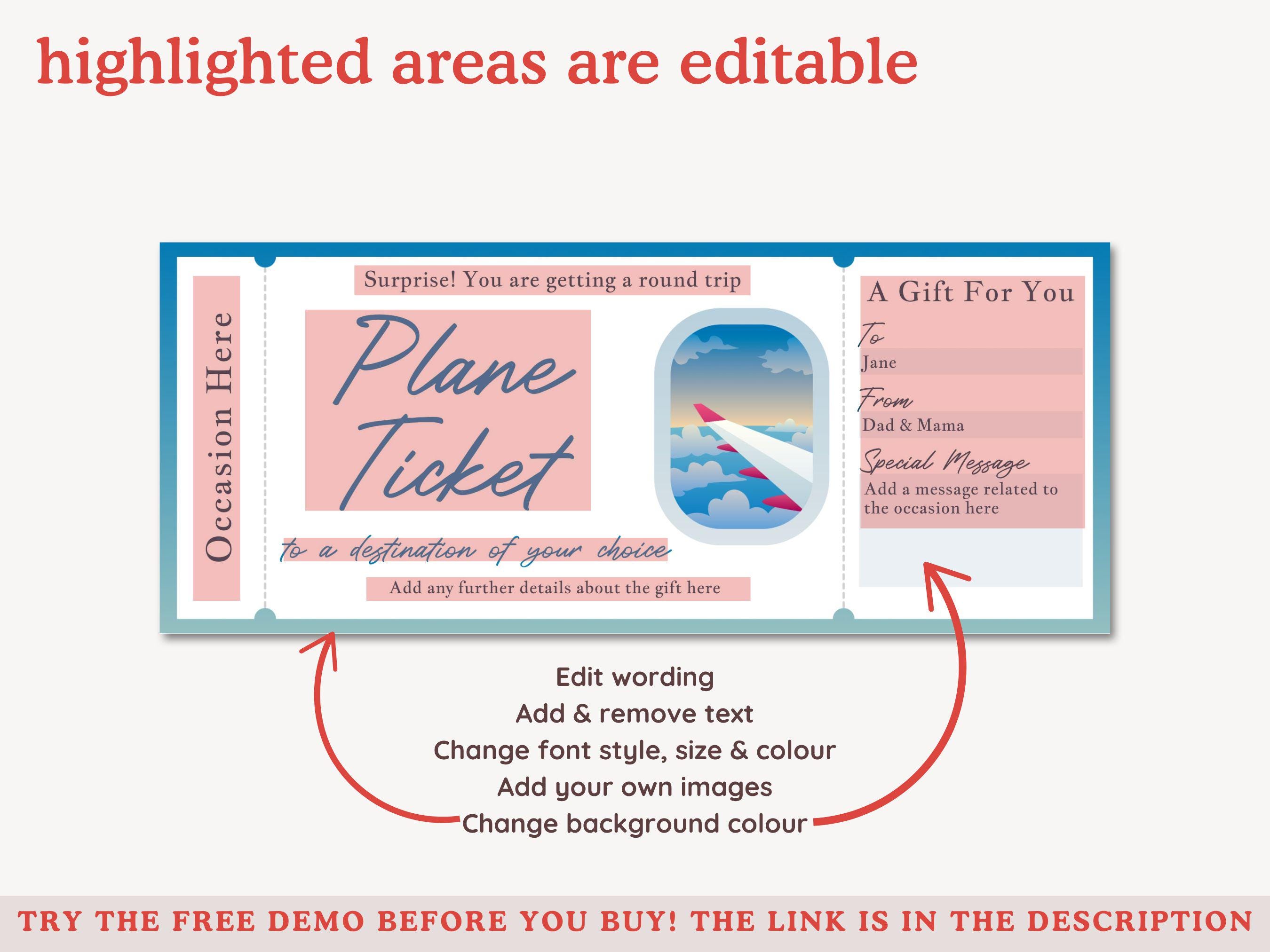 Editable Plane Ticket Gift Voucher Template, Printable Surprise Flight ...