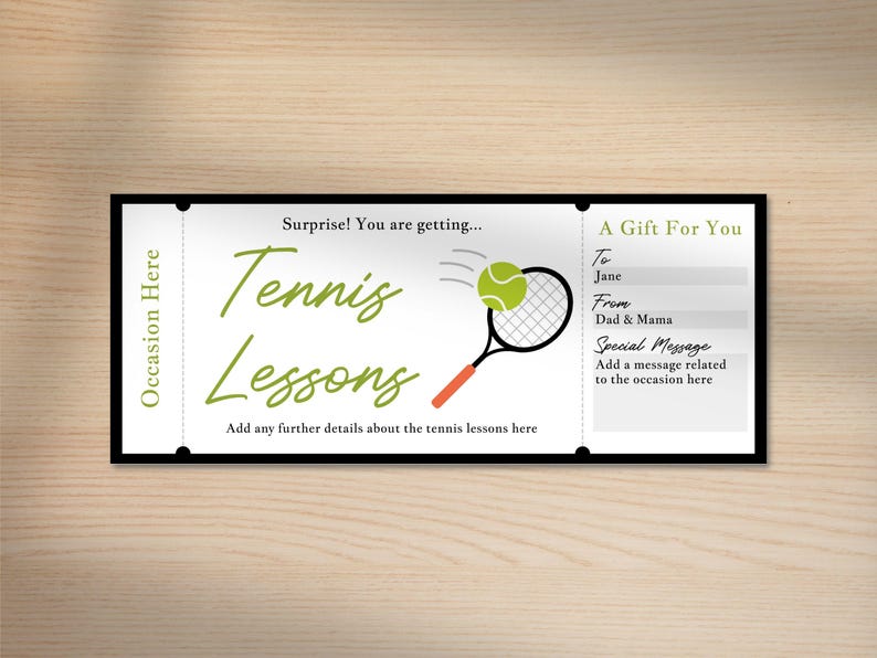 Editable Tennis Lessons Gift Voucher Template, Printable Gift Ticket ...