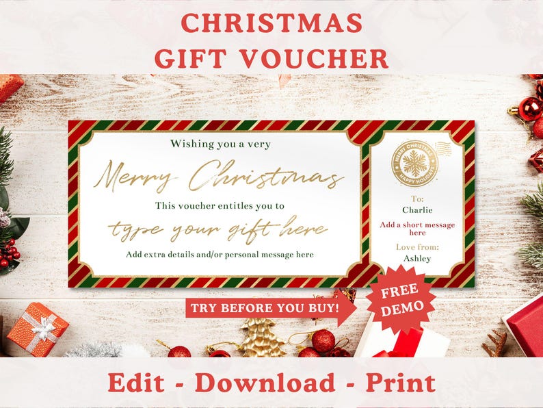 Editable Christmas Gift Voucher Template, Printable Gift Voucher Ticket ...