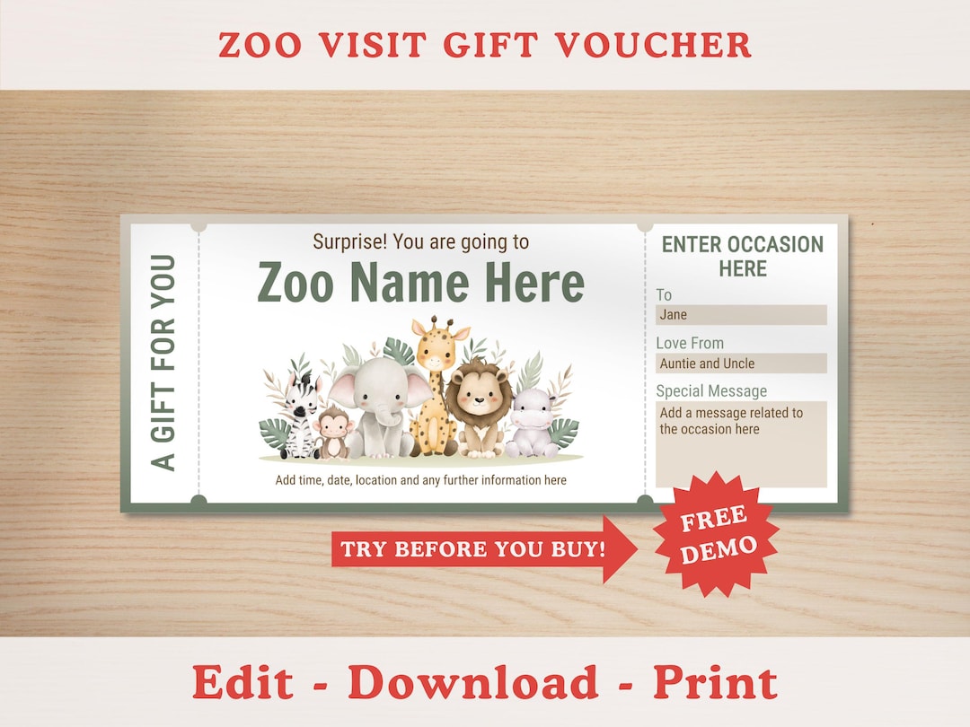 Editable Zoo Gift Voucher Template, Wildlife Safari Park Printable Gift ...