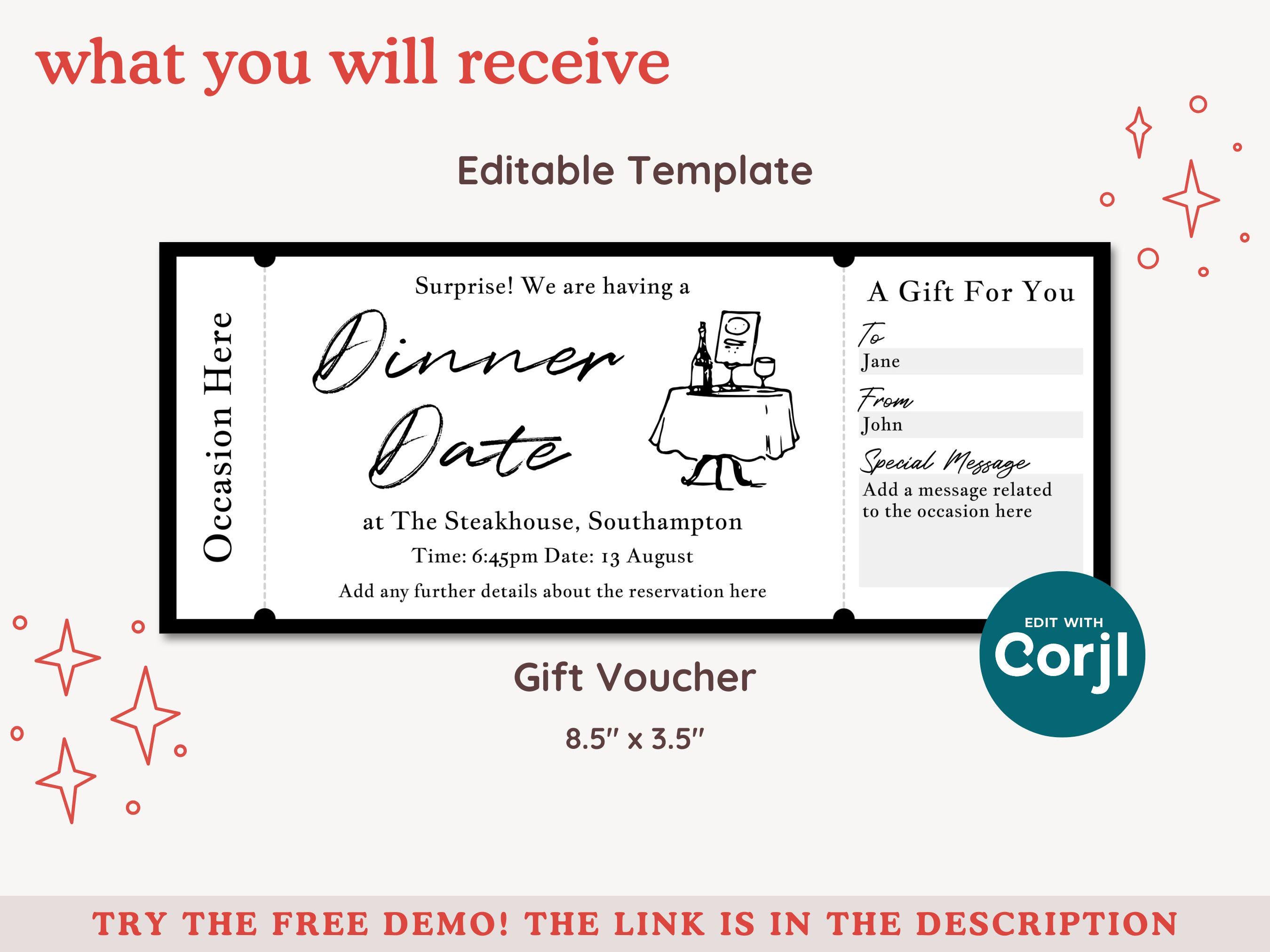 Editable Dinner Date Gift Voucher Template, Printable Gift Voucher ...