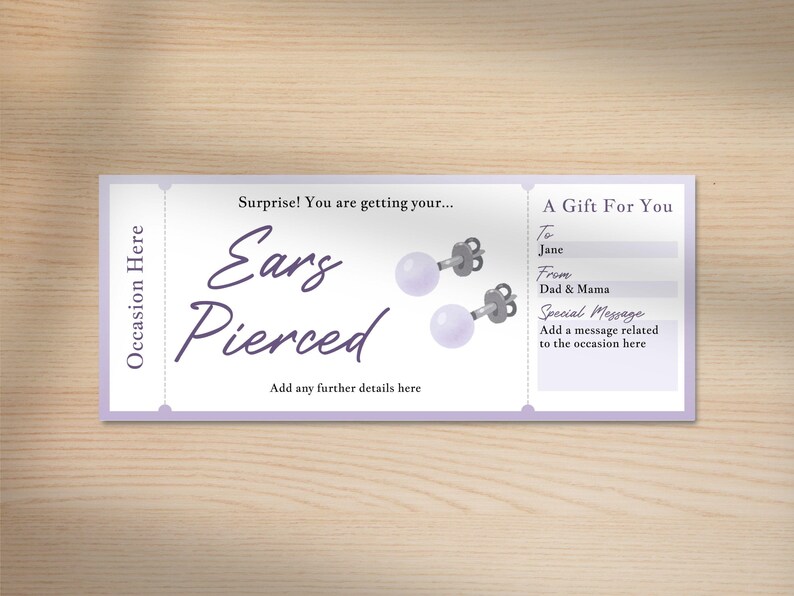 Editable Ears Pierced Gift Voucher Template, Ear Piercing Printable ...