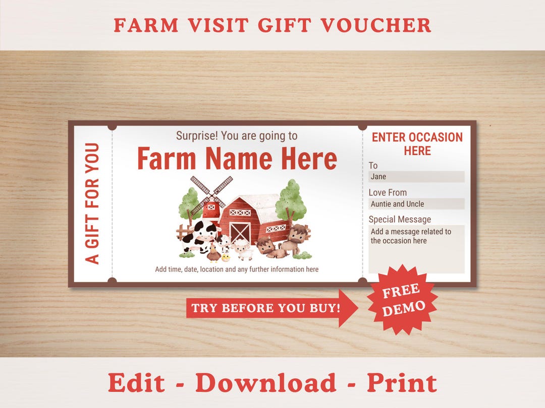Editable Farm Gift Voucher Template, Petting Farm Printable Gift Ticket ...