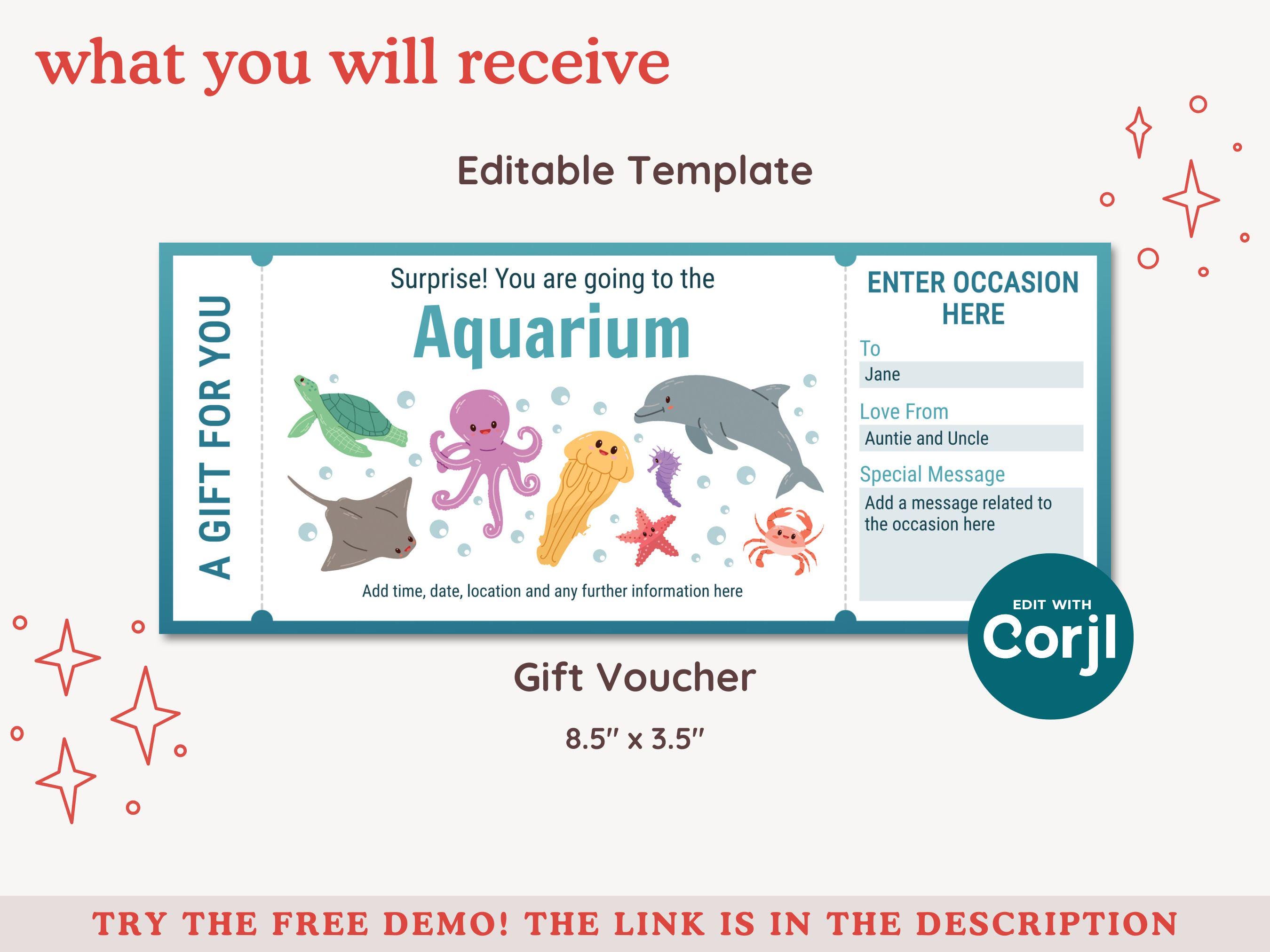 Editable Aquarium Gift Voucher Template, Aquarium Printable Gift Ticket ...