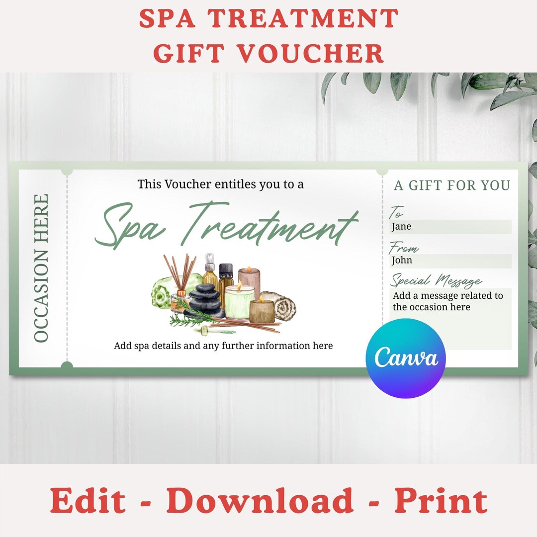 Editable Spa Treatment Gift Voucher Template, Spa Day Gift Coupon for ...