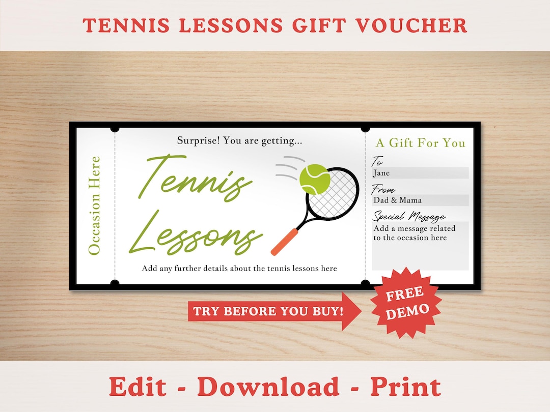Editable Tennis Lessons Gift Voucher Template, Printable Gift Ticket ...