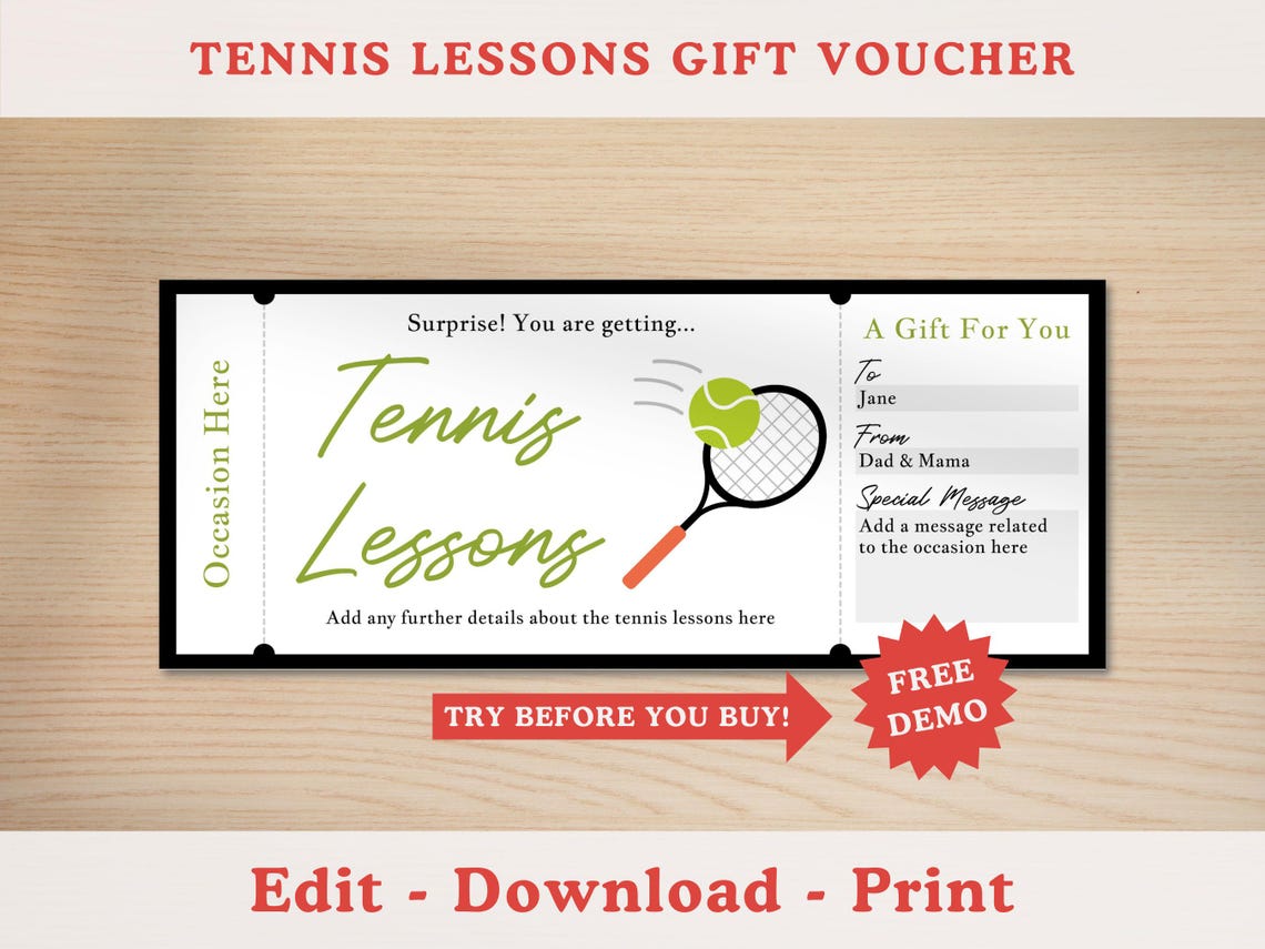 Editable Tennis Lessons Gift Voucher Template, Printable Gift Ticket ...