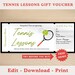 Editable Tennis Lessons Gift Voucher Template, Printable Gift Ticket ...