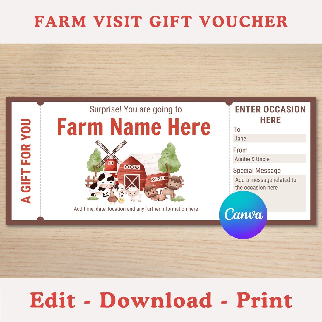 Editable Farm Gift Voucher Template, Petting Farm Gift Ticket, Petting ...