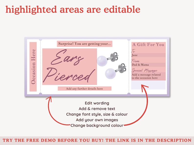 Editable Ears Pierced Gift Voucher Template, Ear Piercing Printable ...
