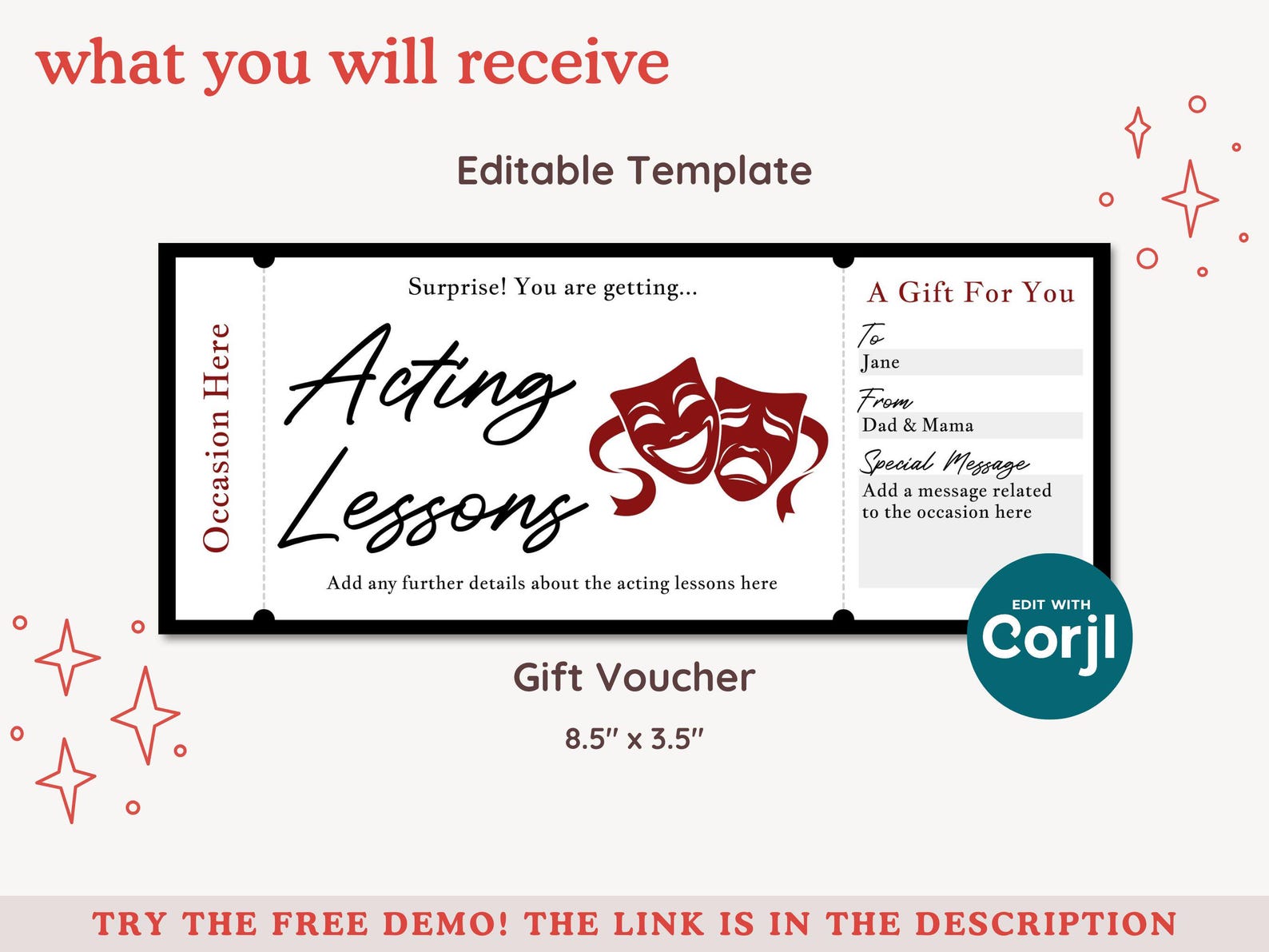 Editable Acting Lessons Gift Voucher Template, Printable Gift Ticket ...