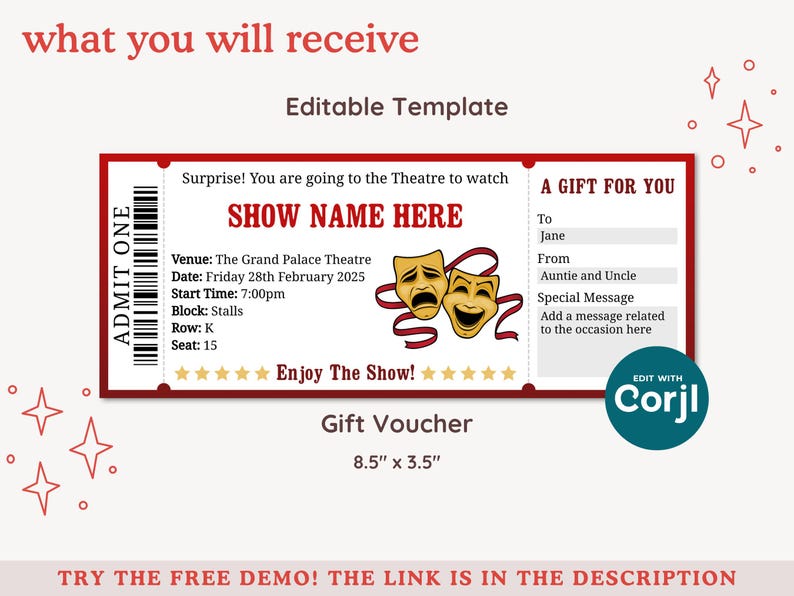 Editable Theatre Gift Voucher Template, Printable Theater Ticket ...