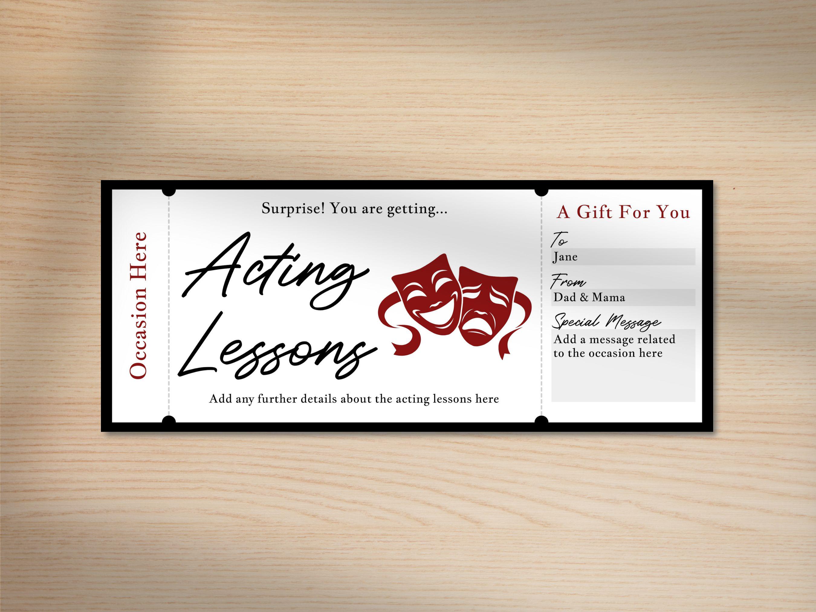 Editable Acting Lessons Gift Voucher Template, Printable Gift Ticket ...