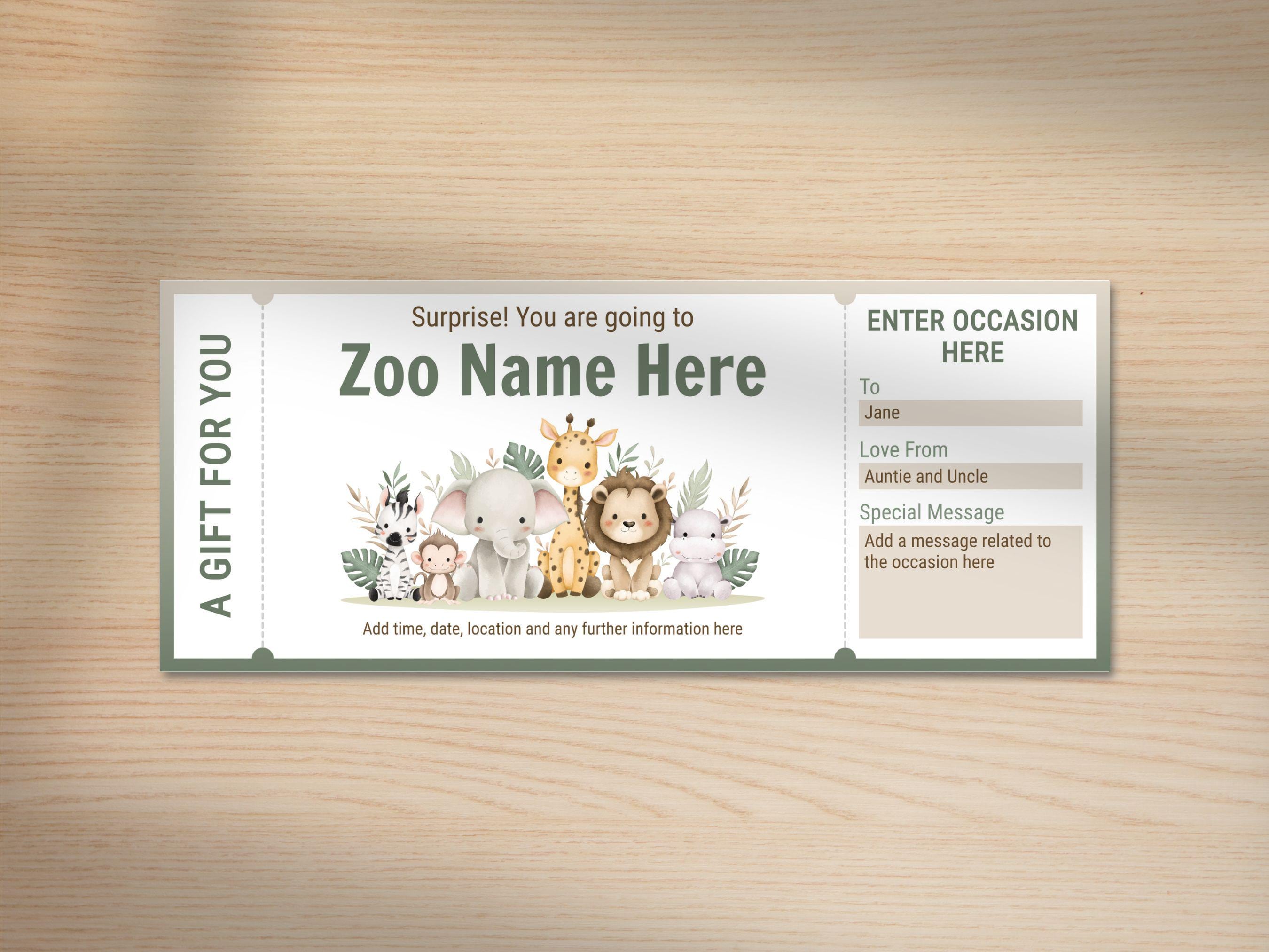 Editable Zoo Gift Voucher Template, Wildlife Safari Park Printable Gift ...