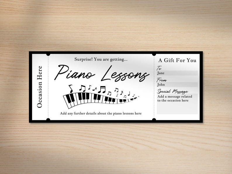 Editable Piano Lessons Gift Voucher Template, Printable Gift Ticket ...