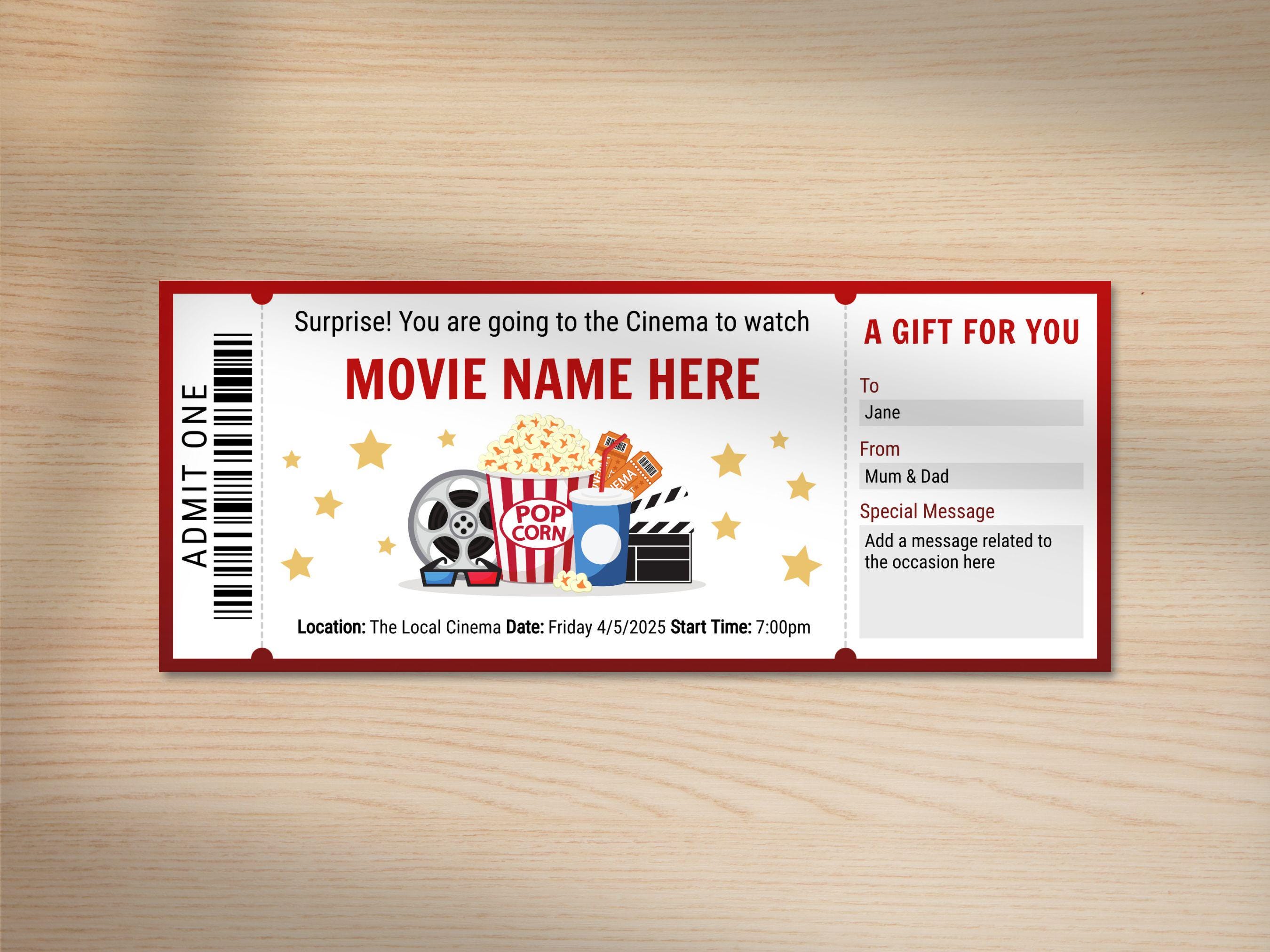 Editable Cinema Ticket Gift Voucher Template, Printable Movie Theater ...