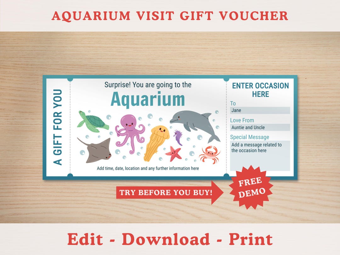 Editable Aquarium Gift Voucher Template, Aquarium Printable Gift Ticket ...