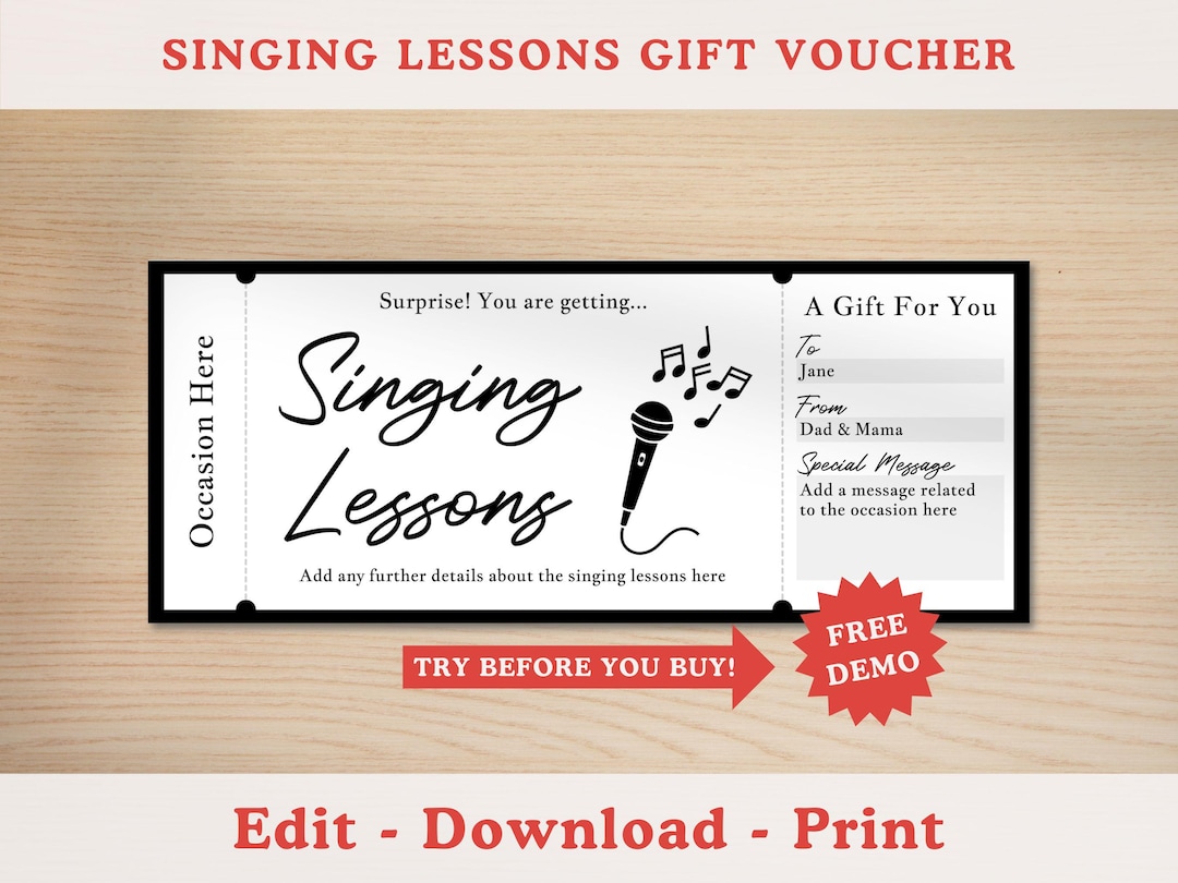 Editable Singing Lessons Gift Voucher Template, Printable Gift Ticket ...