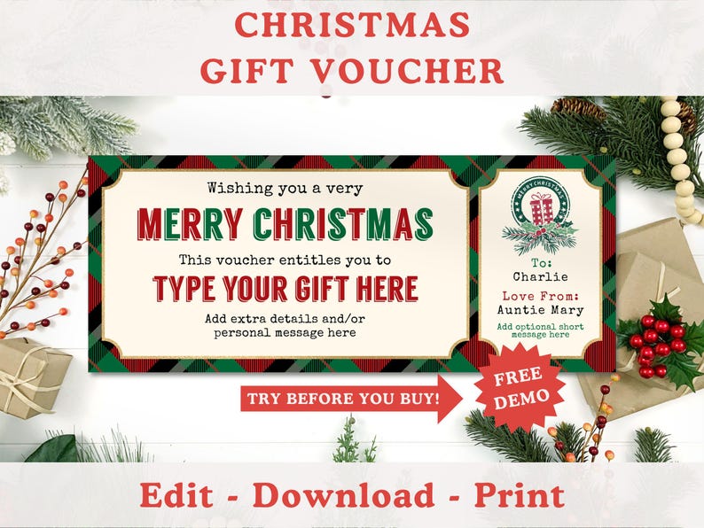 Editable Christmas Gift Voucher Template, Printable Gift Voucher Ticket ...