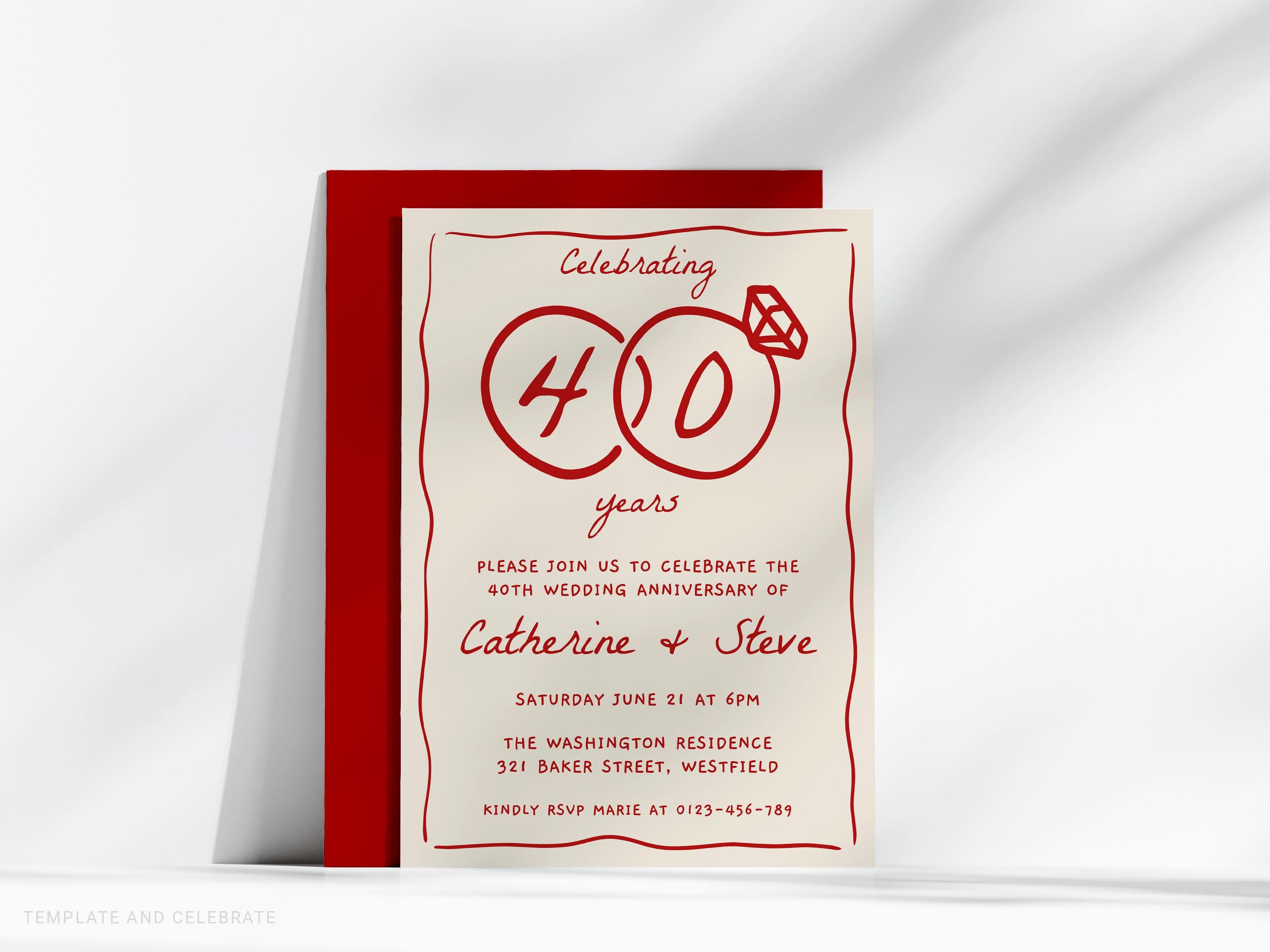 Editable 40th Anniversary Invitation Template, Printable 40th Wedding ...