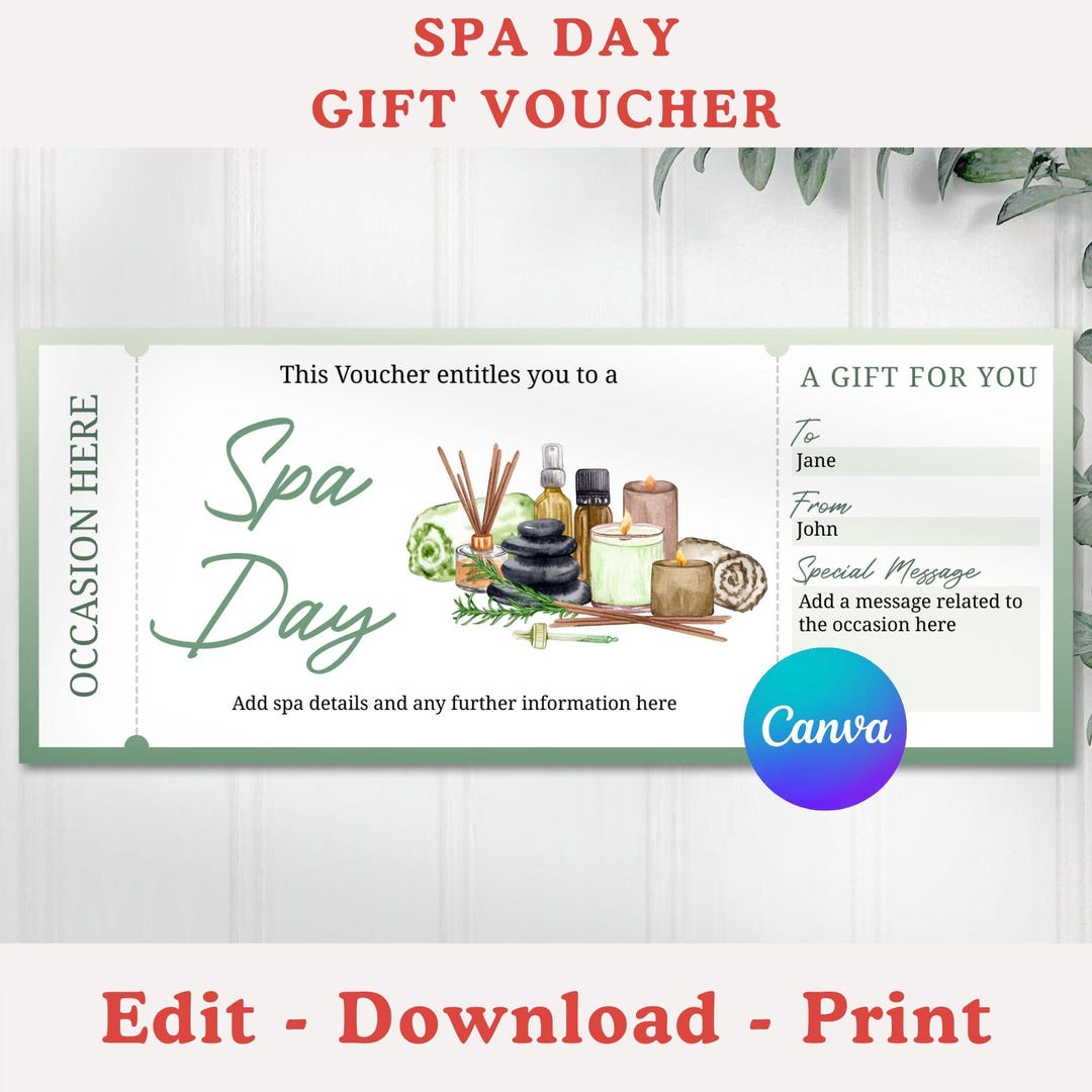 Editable Spa Day Gift Voucher Template, Spa Treatment Gift Coupon for ...