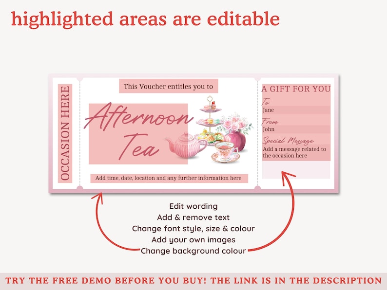 Editable Afternoon Tea Gift Voucher Template, Printable Gift Voucher ...