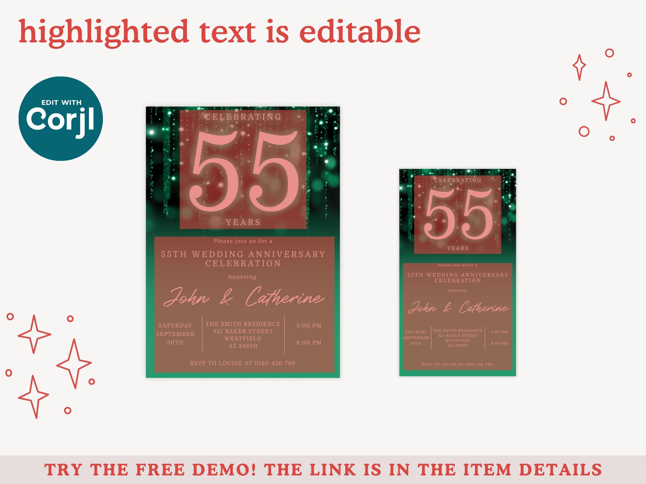 Editable 55th Anniversary Invitation Template, Printable 55th Wedding ...
