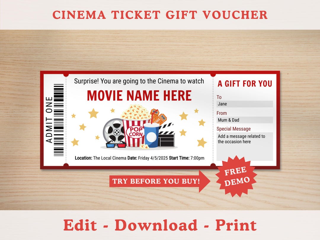 Editable Cinema Ticket Gift Voucher Template, Printable Movie Theater ...